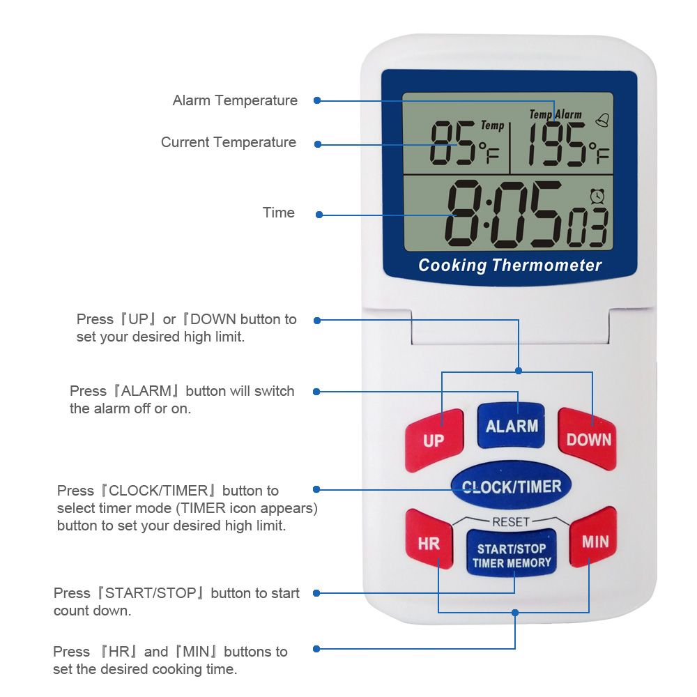 KT Thermo E-131 Digital Wired Probe Cooking Thermometer with Timer for ...