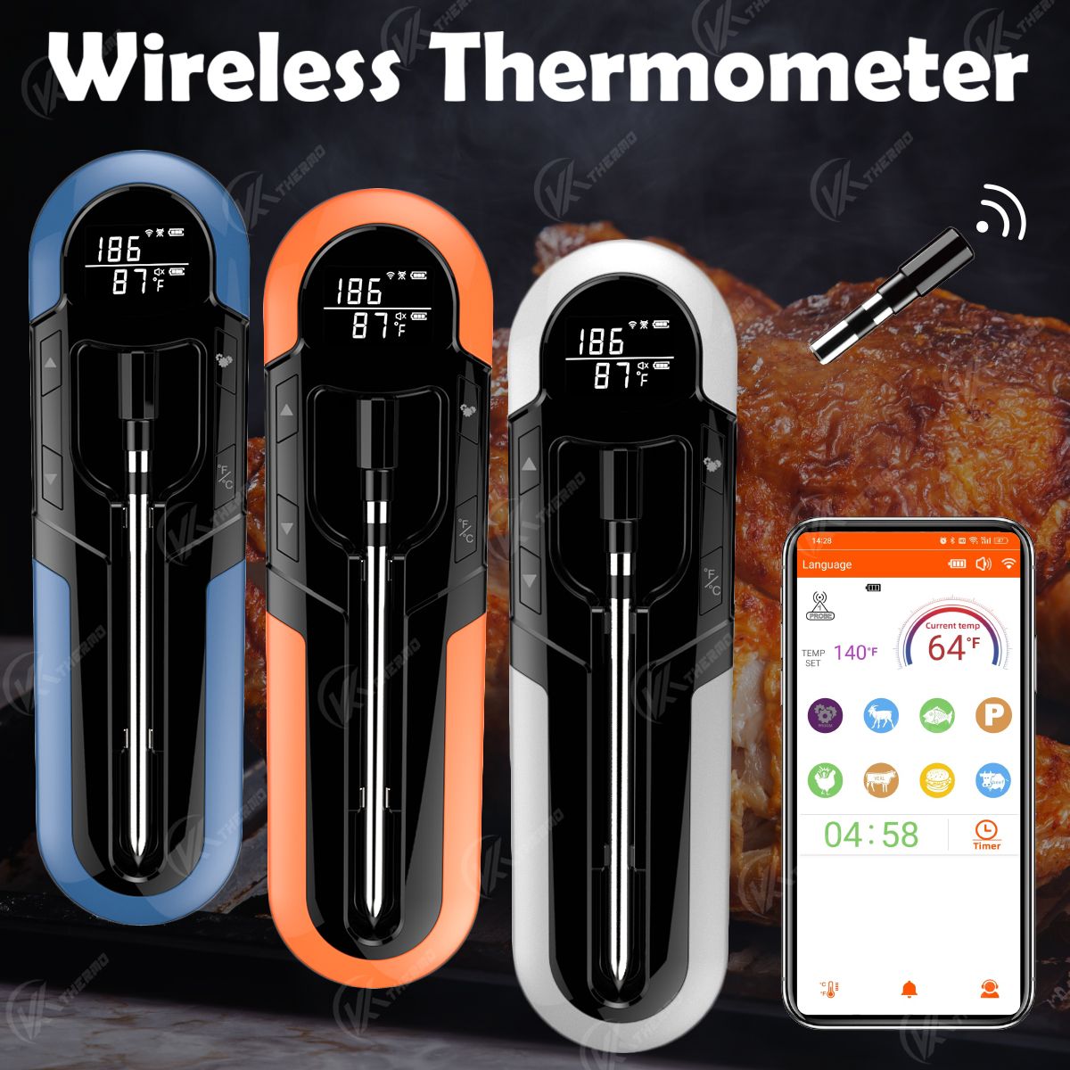 KT Thermo Wireless BBQ Thermometer with App, 500FT Range & Built-In Screen
