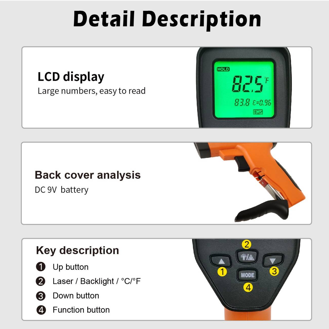 KT Thermo Infrared Thermometer Gun with Laser Pointer, -58°F to 1382°F ...