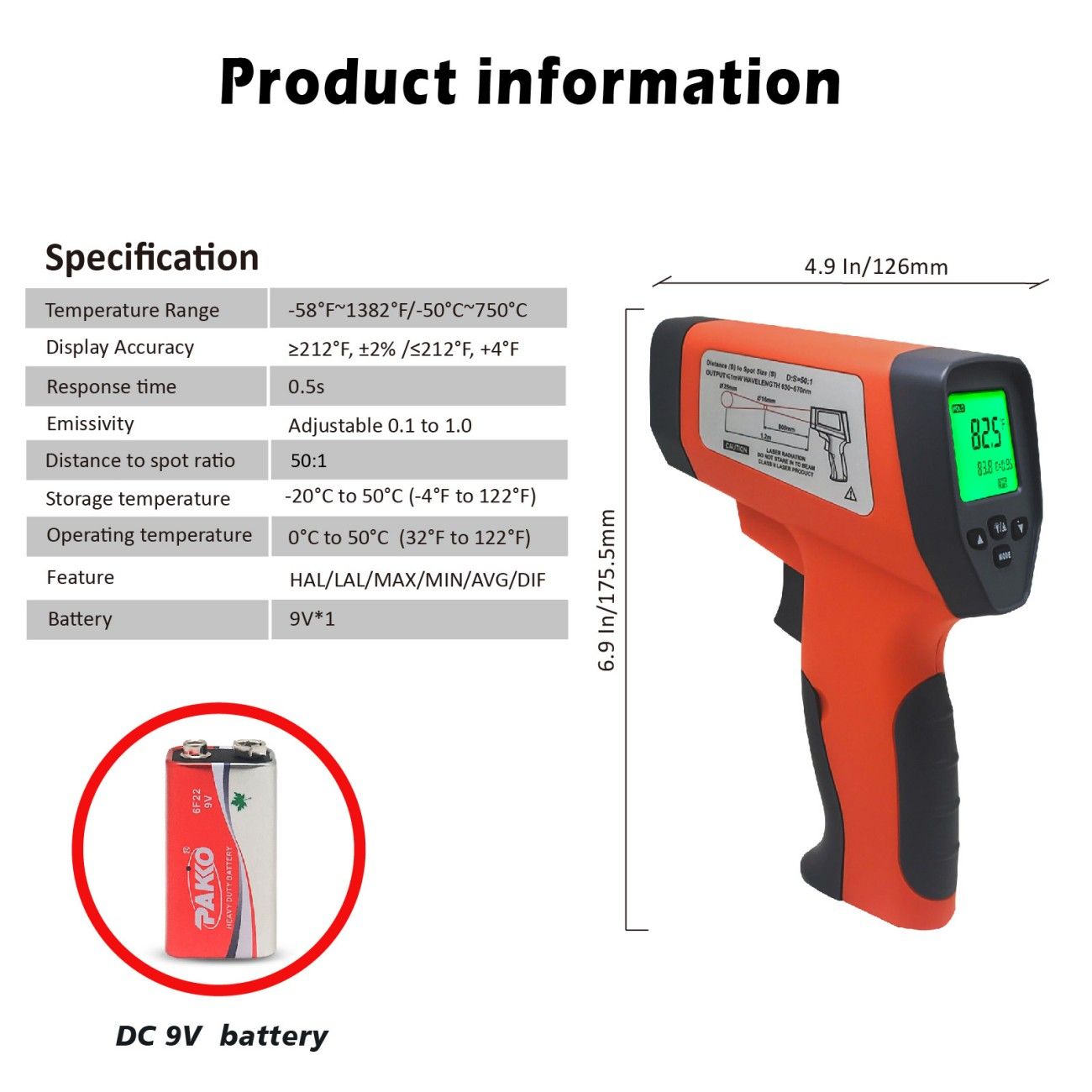 KT Thermo Infrared Thermometer Gun with Laser Pointer, -58°F to 1382°F ...