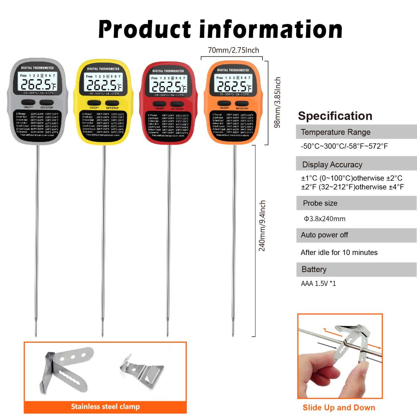 KT Thermo Digital Candy Thermometer with 9.4-Inch Long Probe and ...