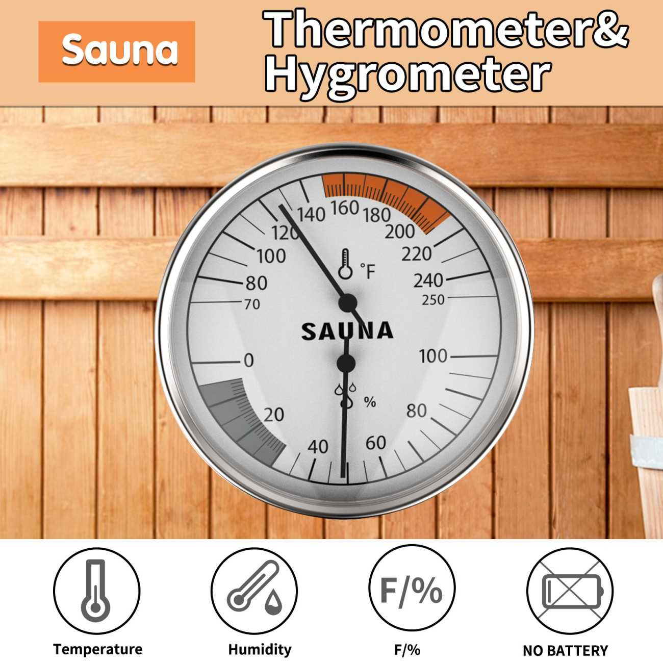 KT Thermo 3.94-Inch Sauna Thermometer & Hygrometer, Premium Stainless Steel Mechanical Dial for ...