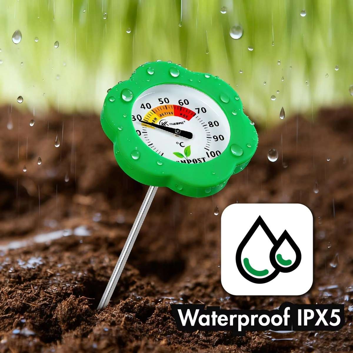 Soil Thermometer with Color Zones – 50cm Probe, IPX5, UV-Resistant | OEM